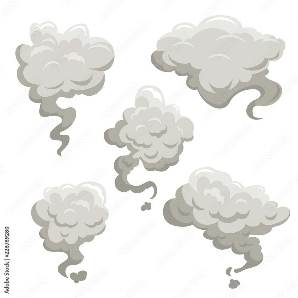 Fog or smoke after exposion set. Cartoon flat simple gradient style ...