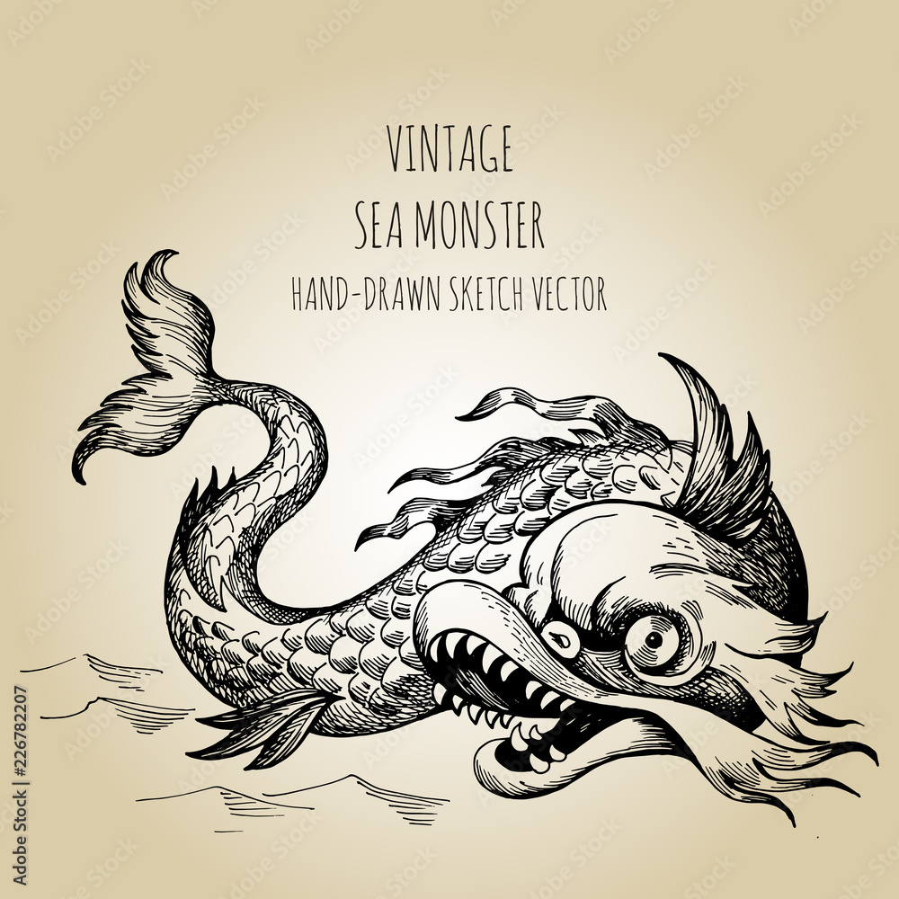 Mythological vintage sea monster. Fragment of old pirate map. Hand ...