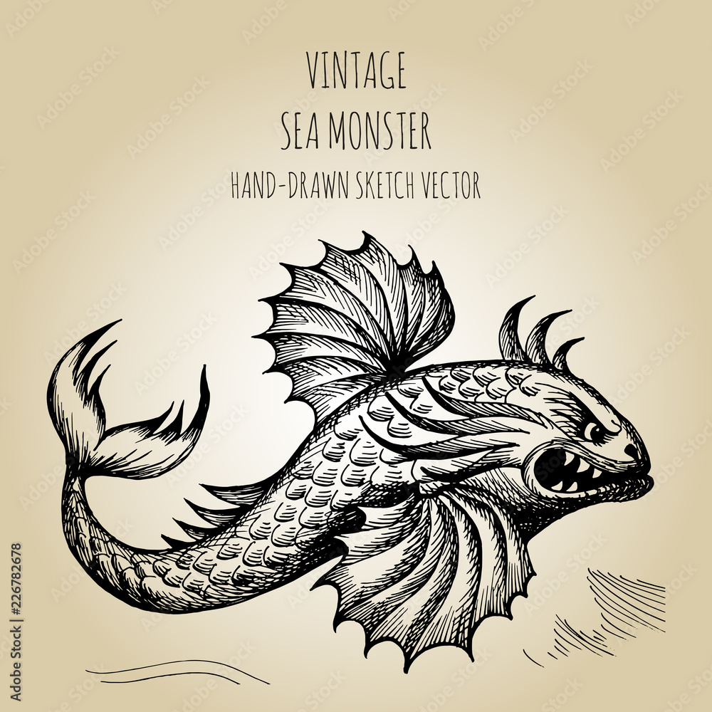 Mythological vintage sea monster. Fragment of old pirate map. Hand ...