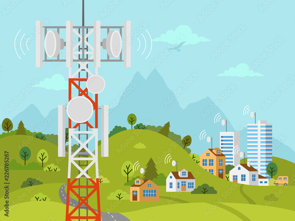 Cellular transmission tower in front of landscape. Wireless radio ...