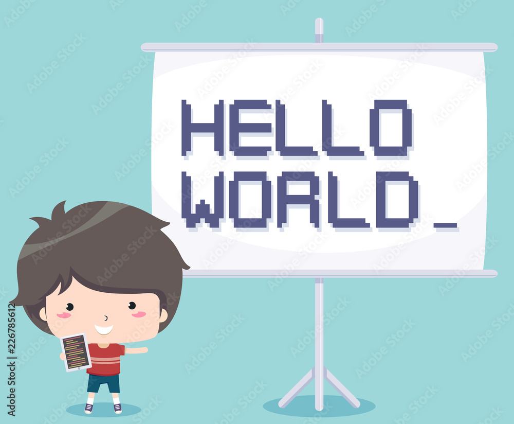 Kid Boy Teach Coding Illustration Stock Vector | Adobe Stock