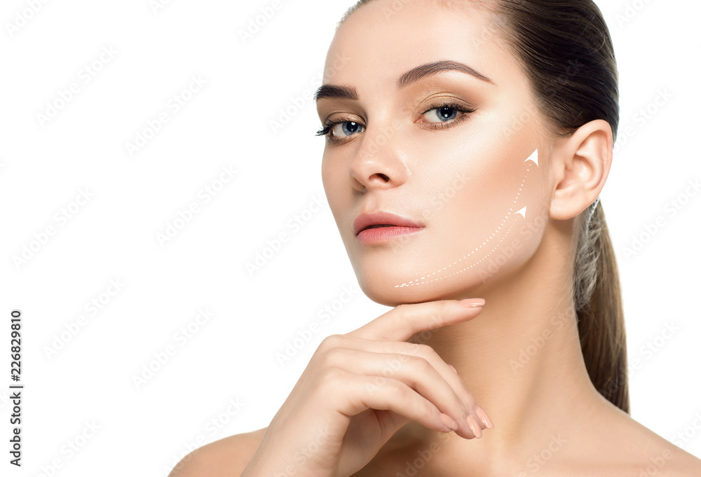 face with lifting arrows on skin showing facelift effect Stock Photo ...