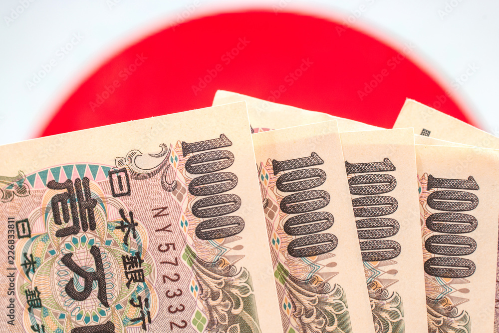 Japanese currency notes , Japanese Yen on japanese flag. Stock Photo ...