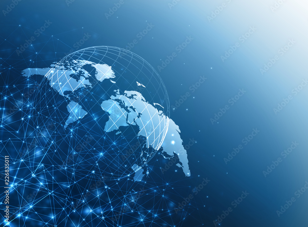 World map on a technological background, glowing lines symbols of the ...