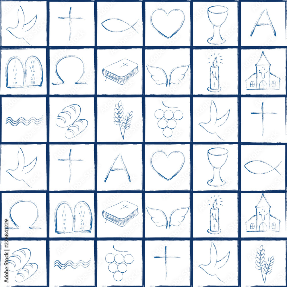 Blue Christian symbols pattern on a checkerboard white background with ...