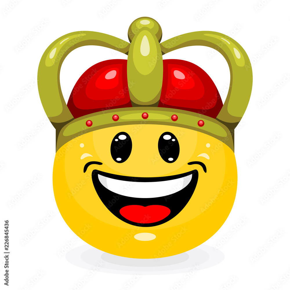 Cute emoticon in gold king crown. Smiley in cartoon style isolated on ...