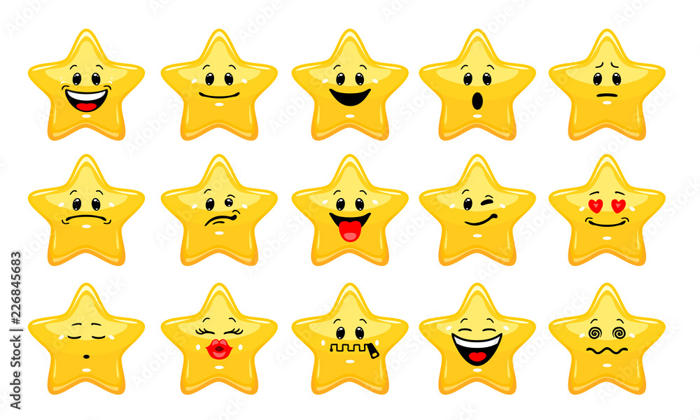 Vector set of star emoticons. Collection of yellow stars with different ...