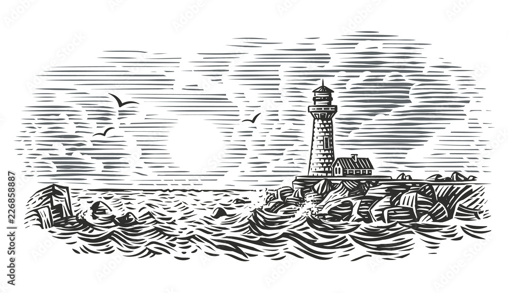 Engraving style illustration of beacon. Vector. Stock Vector | Adobe Stock