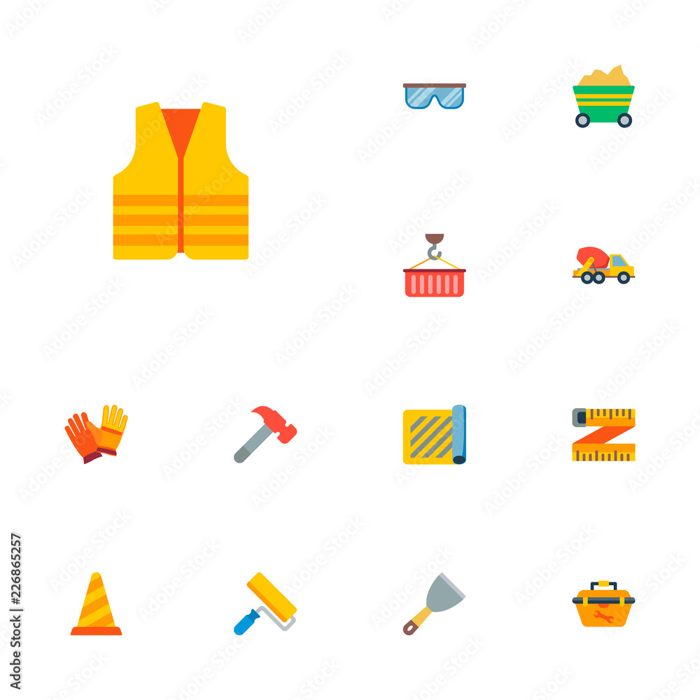 Set of construction icons flat style symbols with warning cone, safety ...