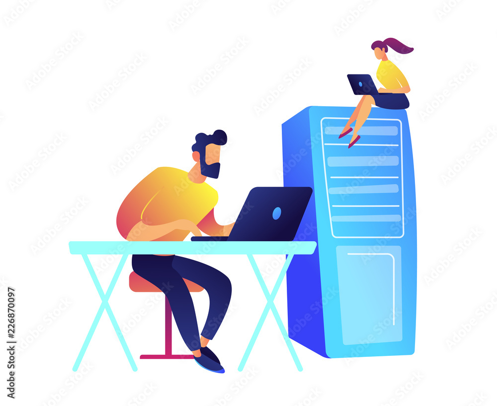 Programmers working with laptops and server rack vector illustration ...