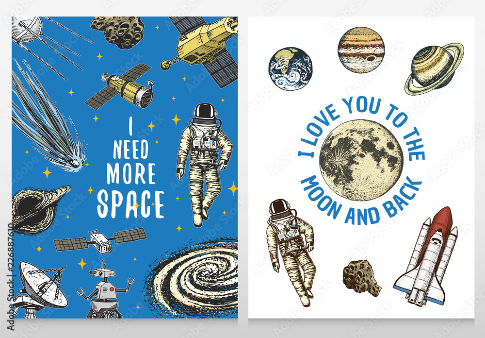 card planets in solar system and astronaut spaceman. moon and the sun ...