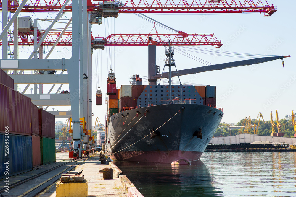 Panamax Container ship in port at container terminal. Ships of ...