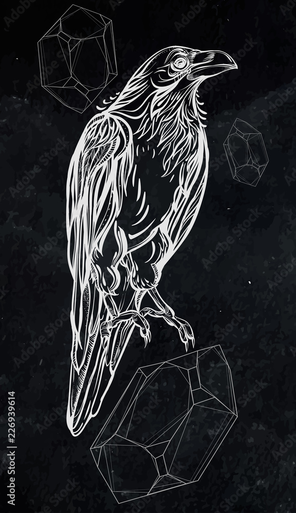 Raven. Vector illustration isolated on black background. Detailed ...