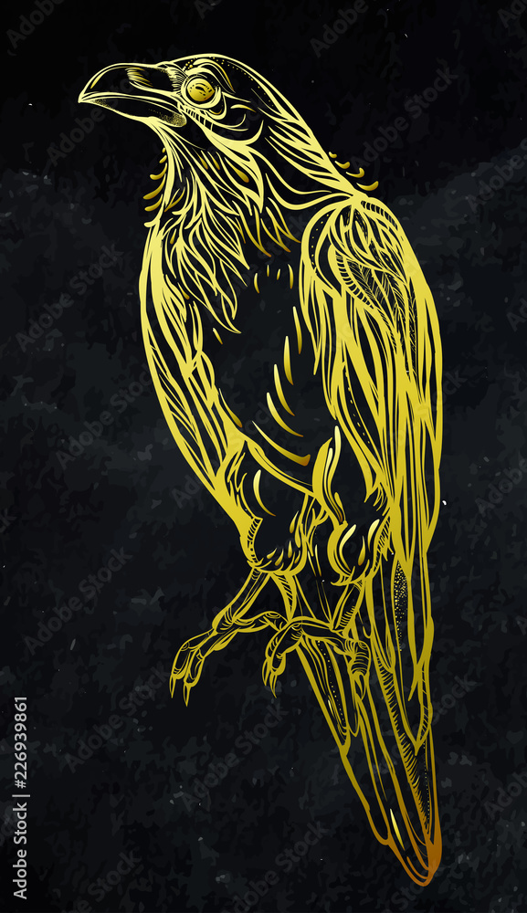 Raven.Vector illustration isolated on black background. Detailed gold ...