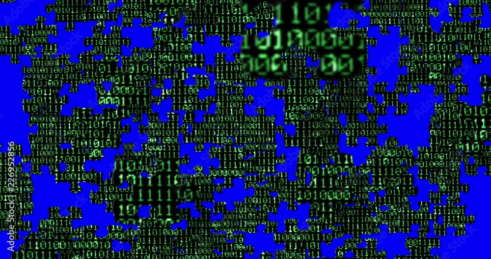 zero and one green binary digital code, with puzzle pieces background falling down on chroma key ...