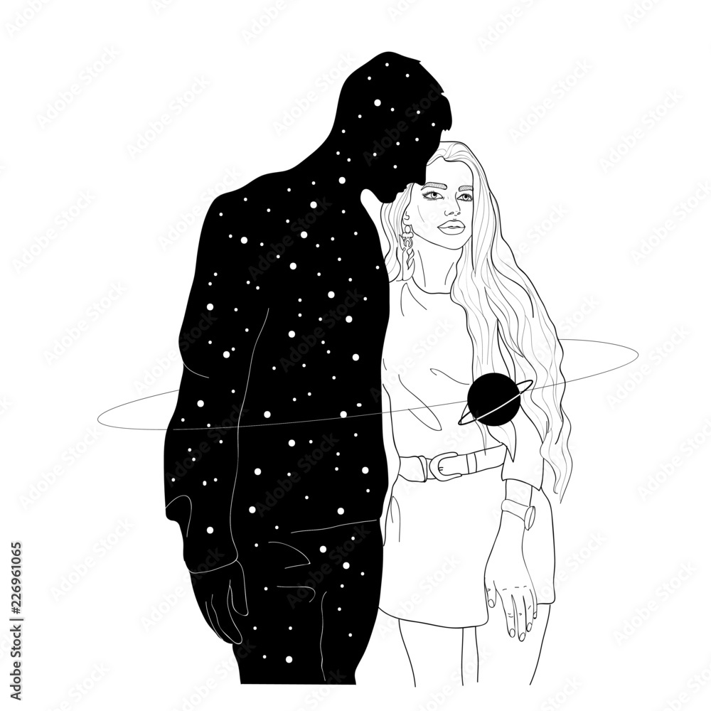Beautiful artwork of young couple kissing. Outer space on their faces ...