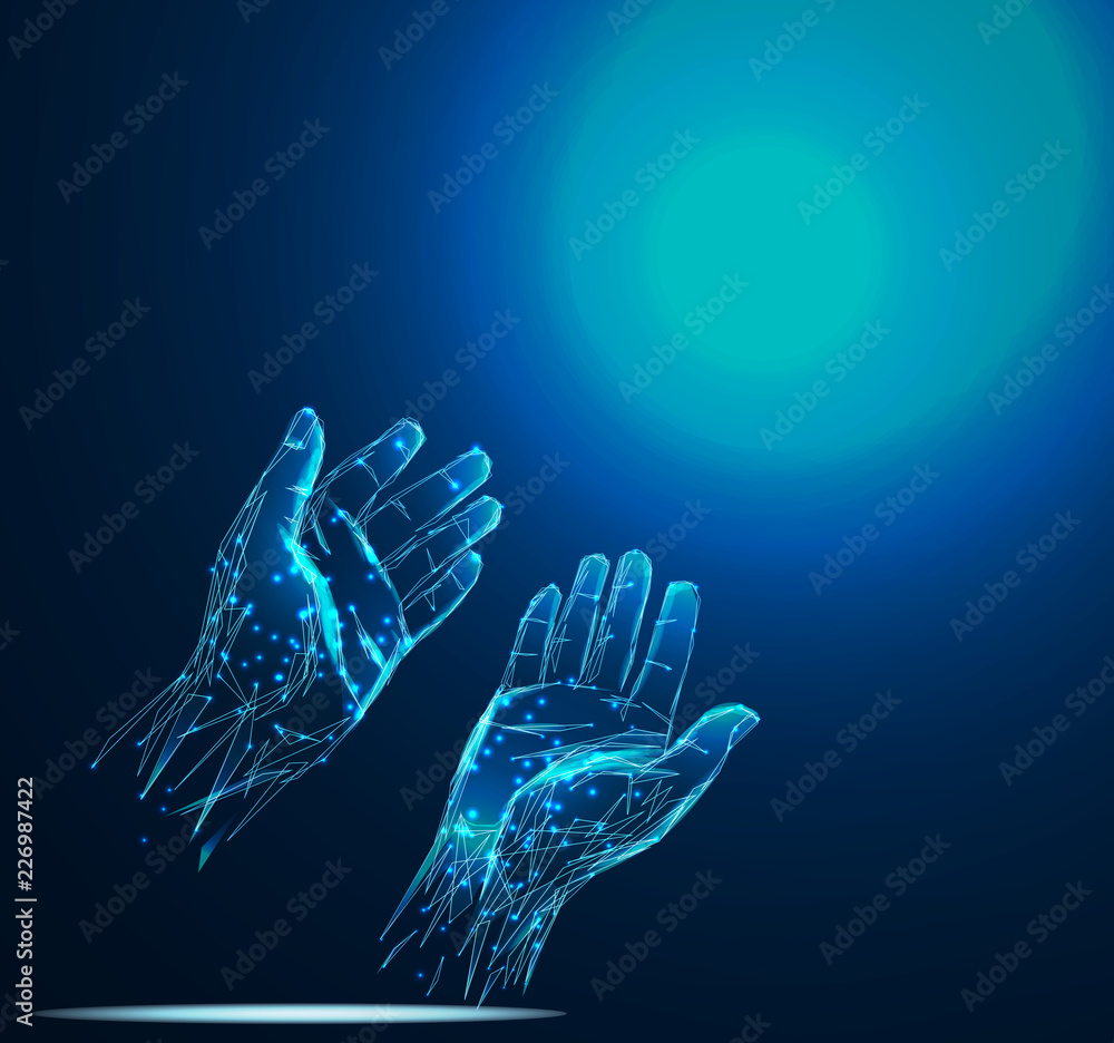 Vettoriale Stock Prayer hand. Prayer hand. Low poly wireframe mesh with ...