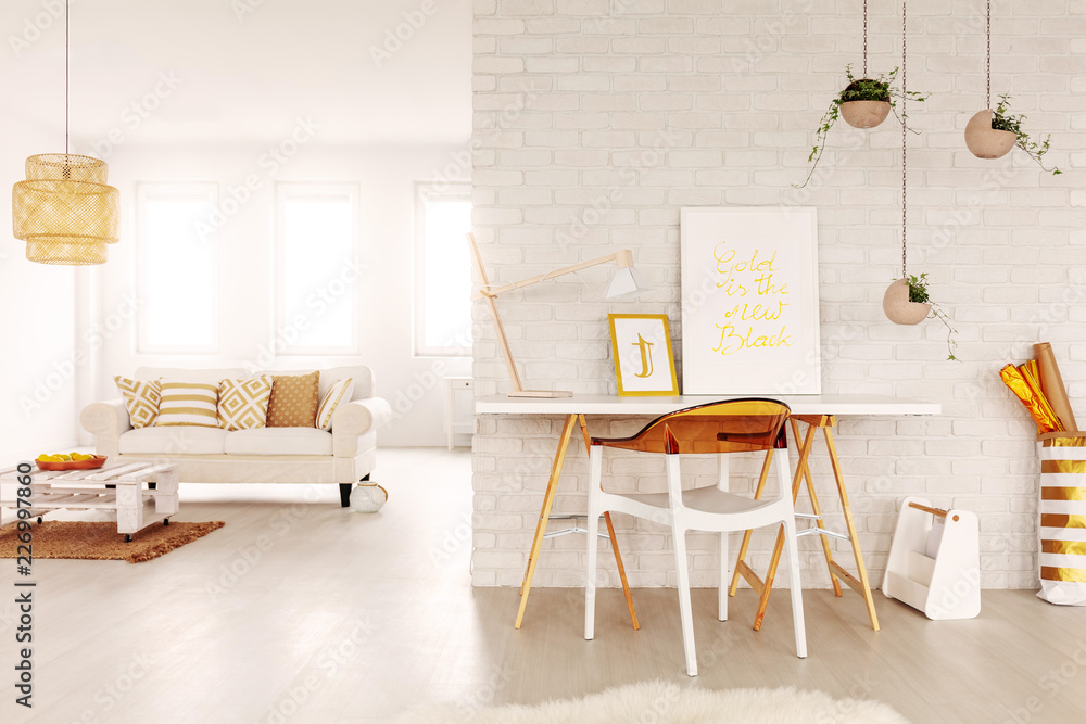 Real photo of open space study corner with desk with two posters and ...