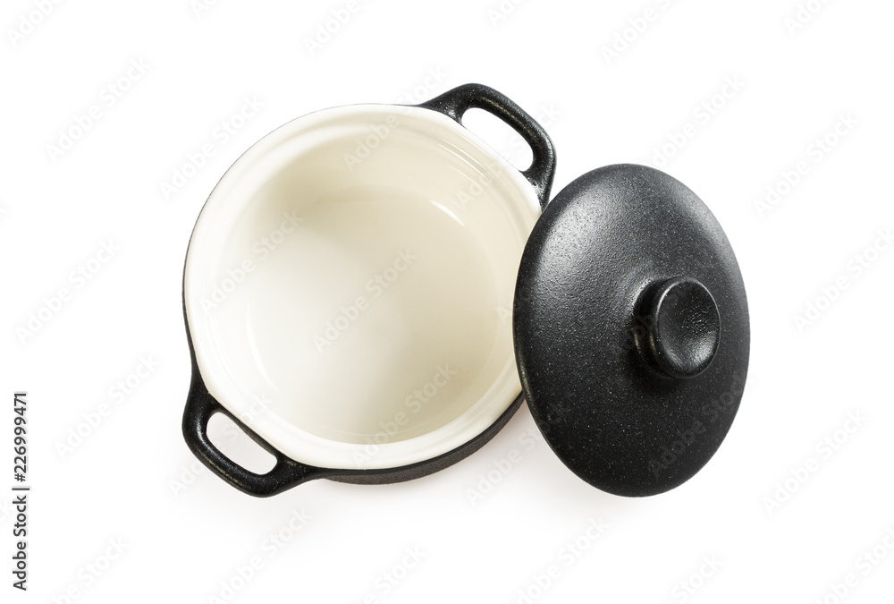 Cooking pot isolated on white. Black colour outside and white inside ...