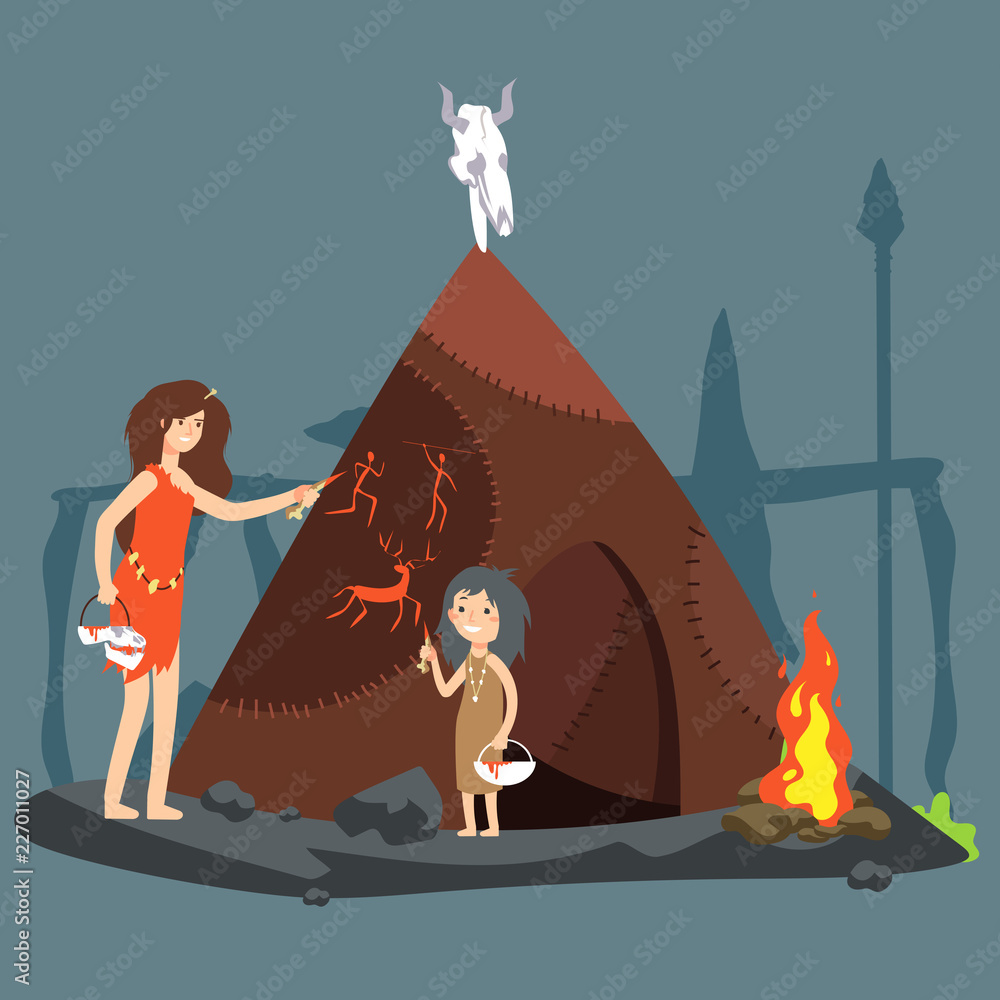 Stone age vector illustration. Cartoon neolithic woman and girl drawing ...