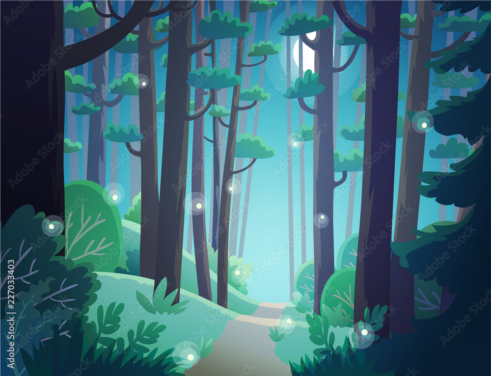 Cartoon forest at night lightened by the moon and the fireflies ... Cartoon forest at night lightened by the moon and the fireflies ...