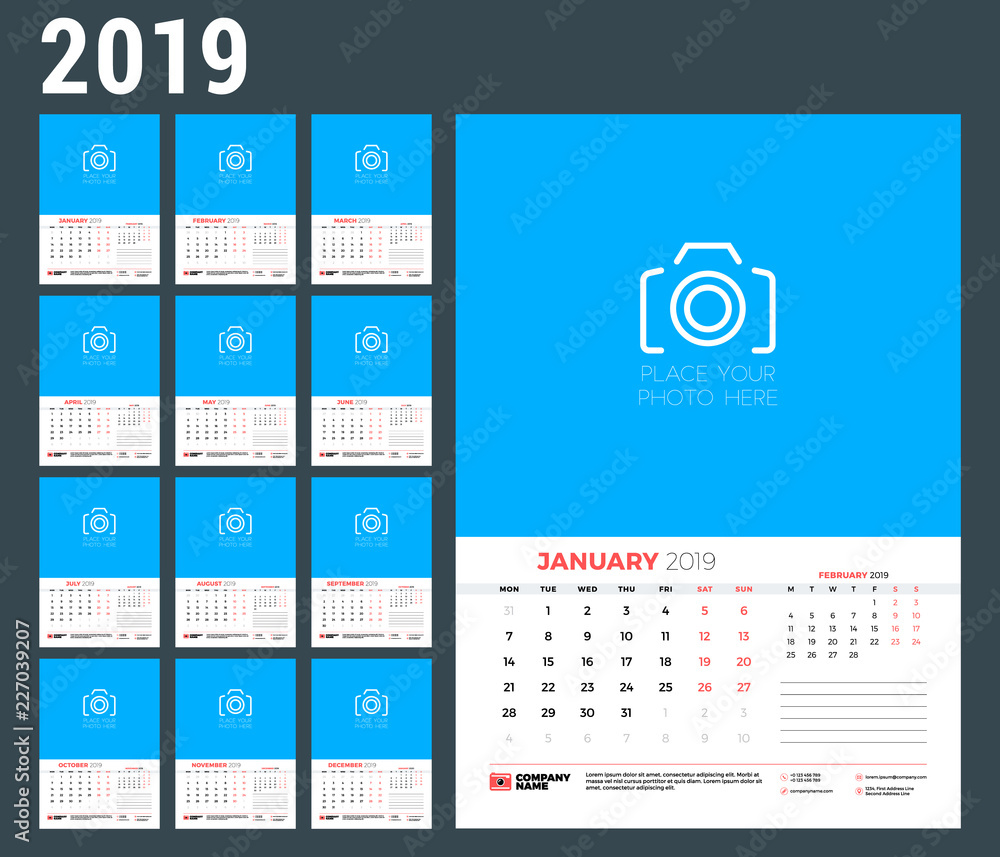 Wall calendar template for 2019 year. Week starts on Monday. Vector ...