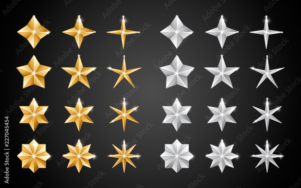 Set of realistic metallic golden and silver stars of different shapes ...