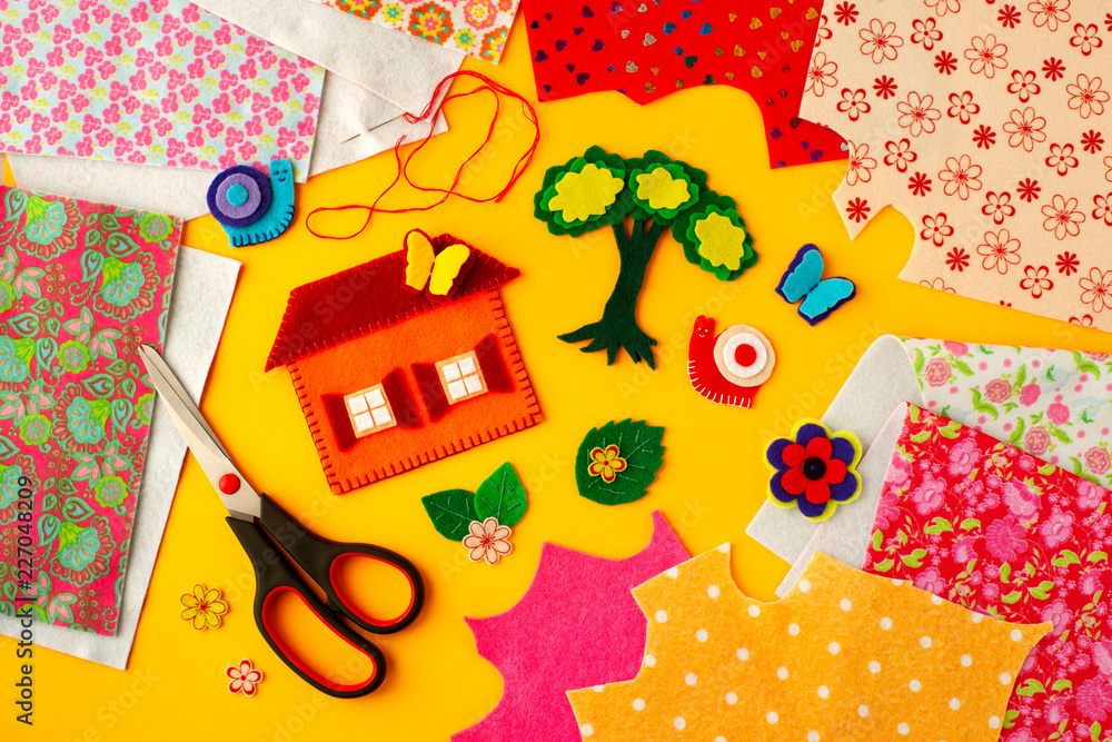 Colorful crafts made of felt. Crafts from colorful sheets of felt on a ...