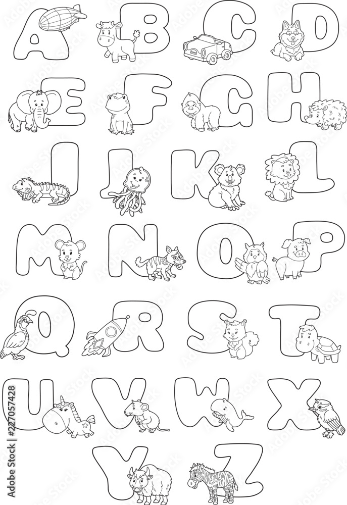 Cartoon alphabet poster. Vector illustration of educational alphabet ...