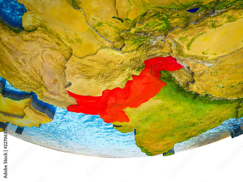 Pakistan on 3D Earth with divided countries and watery oceans. Stock ...