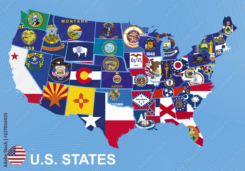 US map with flags of states Stock Vector | Adobe Stock