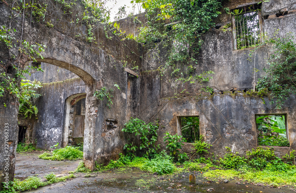Abandoned old ancient building ruins indoor. Travel to Sao Tome and ...