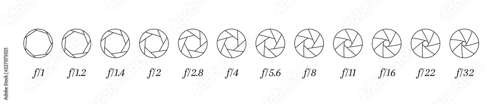 Camera lens diaphragm lined icons row with aperture value numbers Stock ...