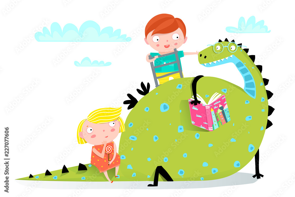 Fairy tale dragon reading a book to children cartoon. Stock Vector ...