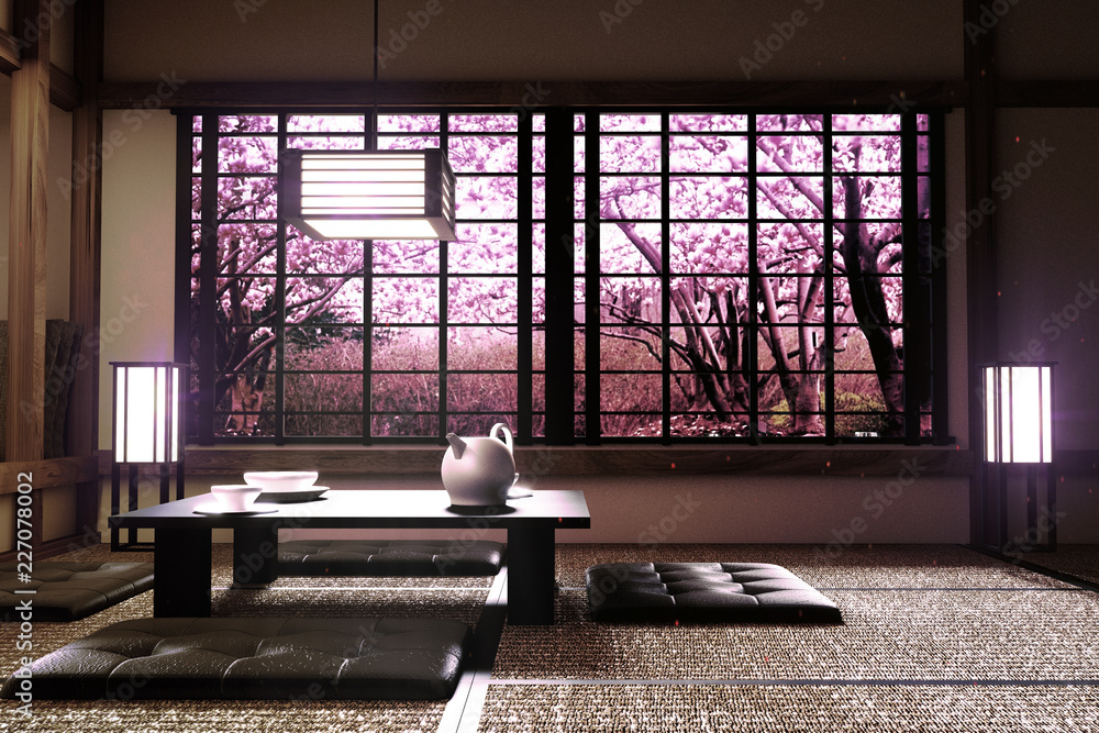 Sakura tree window view in Room interior with ,Zen style. 3D rendering ...