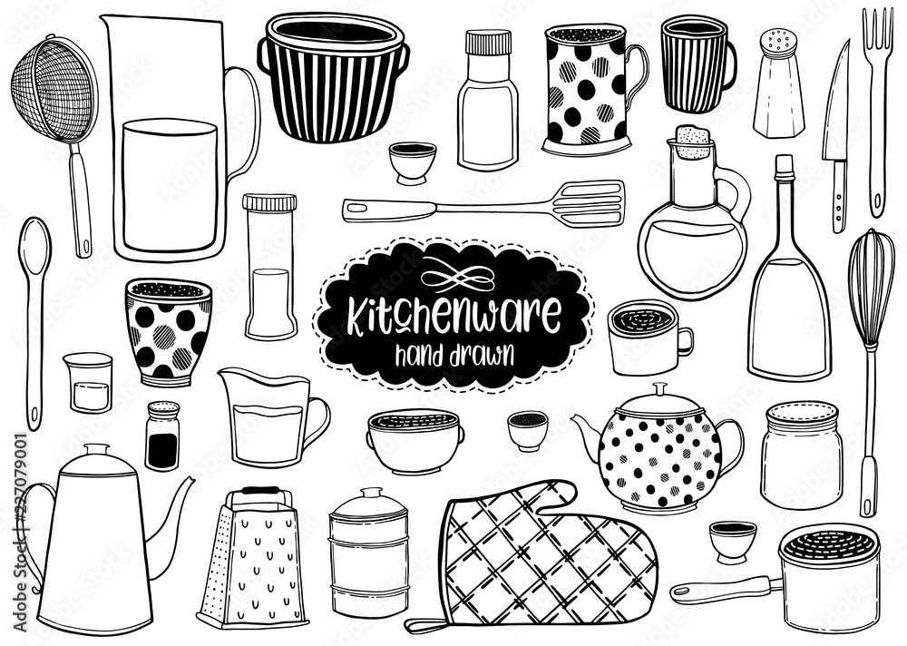 Set of kitchenware and utensils hand drawn vector illustrations modern ...
