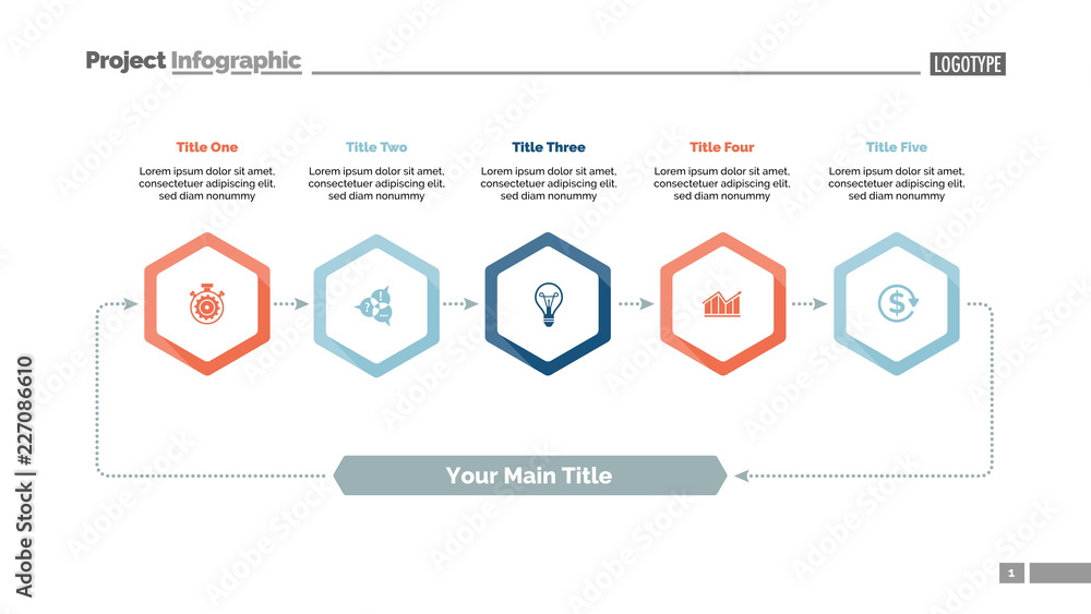 Five elements process chart slide template. Business data. Cycle, step ...
