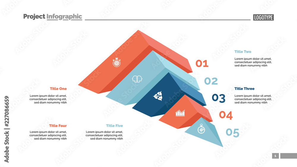 Five elements process chart slide template. Business data. Number, step ...