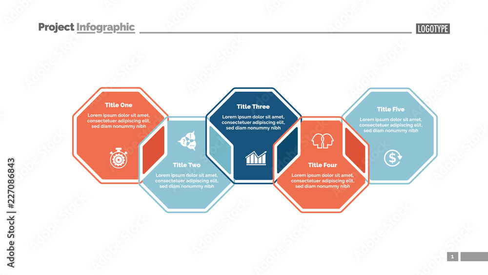 Five octagons process chart slide template. Business data. Strategy ...