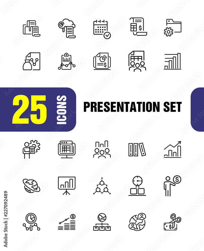 Presentation icons. Set of line icons. Report, research, diagram ...