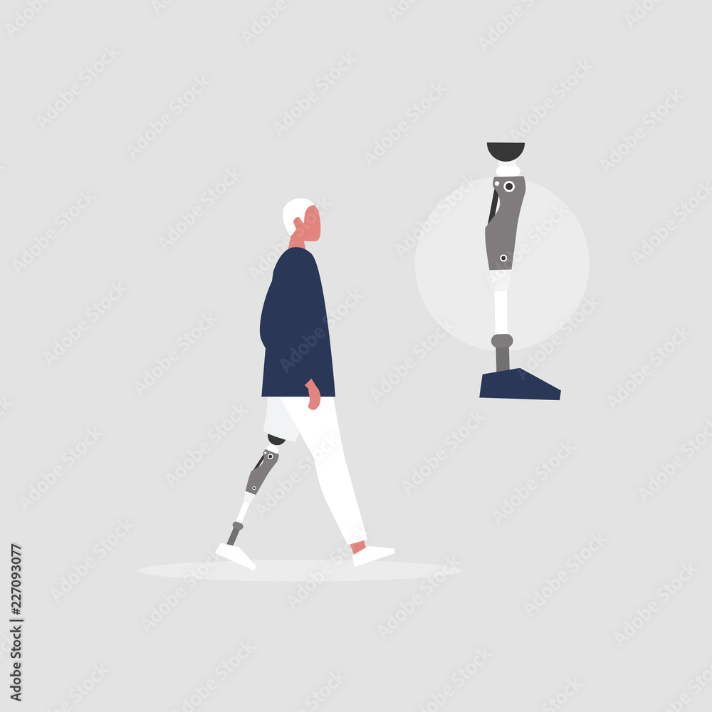 Young male character with prosthetic lower limb. Modern disabled people ...