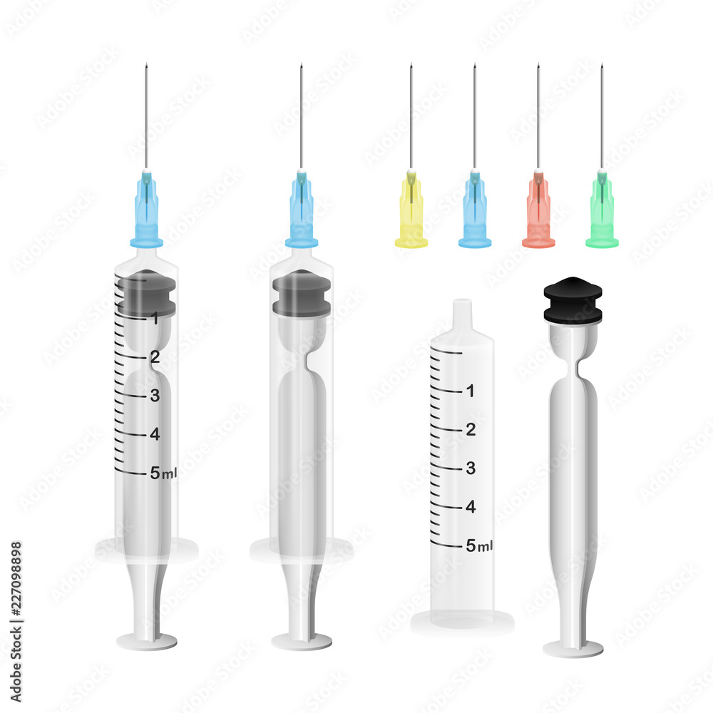 Realistic plastic syringe with various color hypodermic needles ...