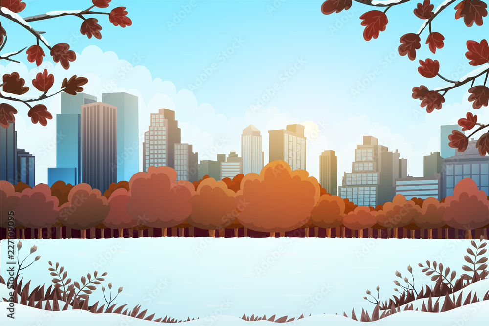 Vector illustration of central park with skyscrapers background in ...