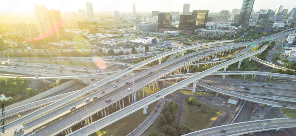 Panorama aerial Interstate I-610 freeway massive intersection and ...