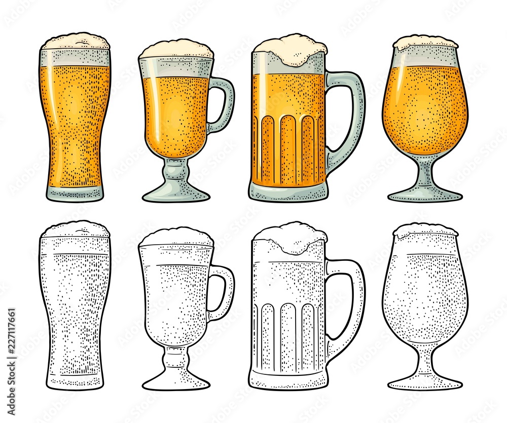 Four different glasses for beer. Vector engraving vintage isolated ...