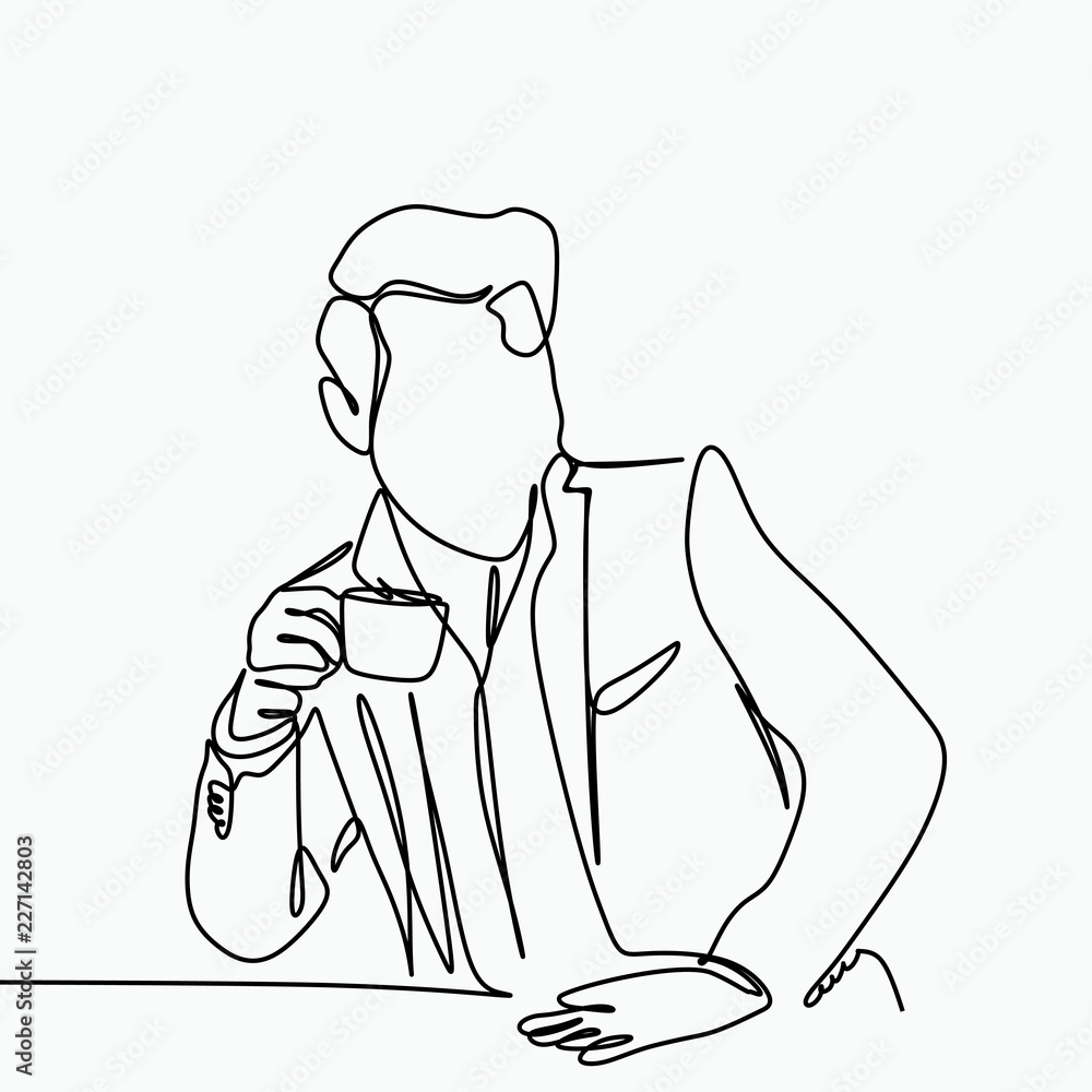 Vector handsome man drinking a coffee. Single line art drawing vector ...