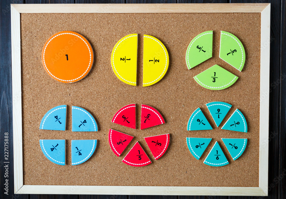 colorful math fractions on the bright backgrounds. interesting math for ...