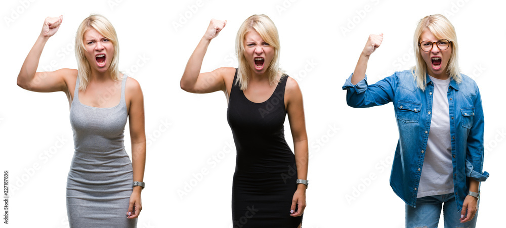 Collage of beautiful blonde woman over isolated background angry and ...