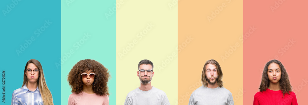 Collage of group of young people over colorful vintage isolated ...