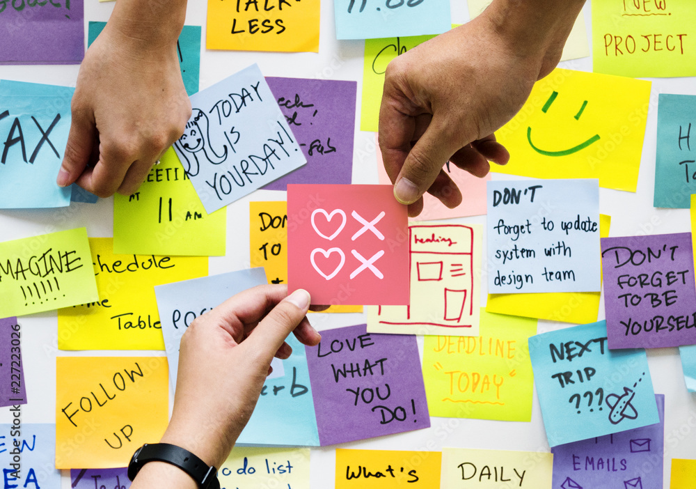 Messy sticky notes and hearts and kisses symbols Stock Photo | Adobe Stock